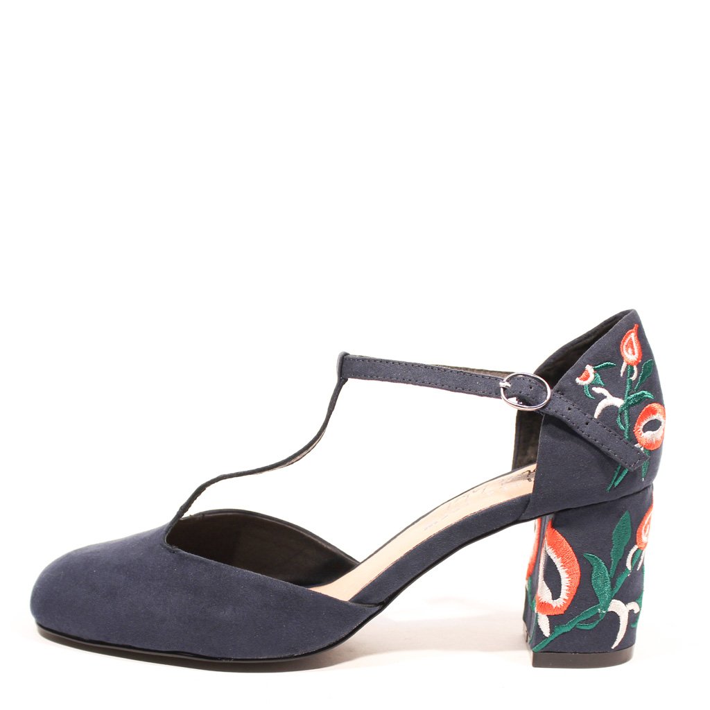 Frenchie Embroidered T-Strap Block Heels – Chelsea Crew